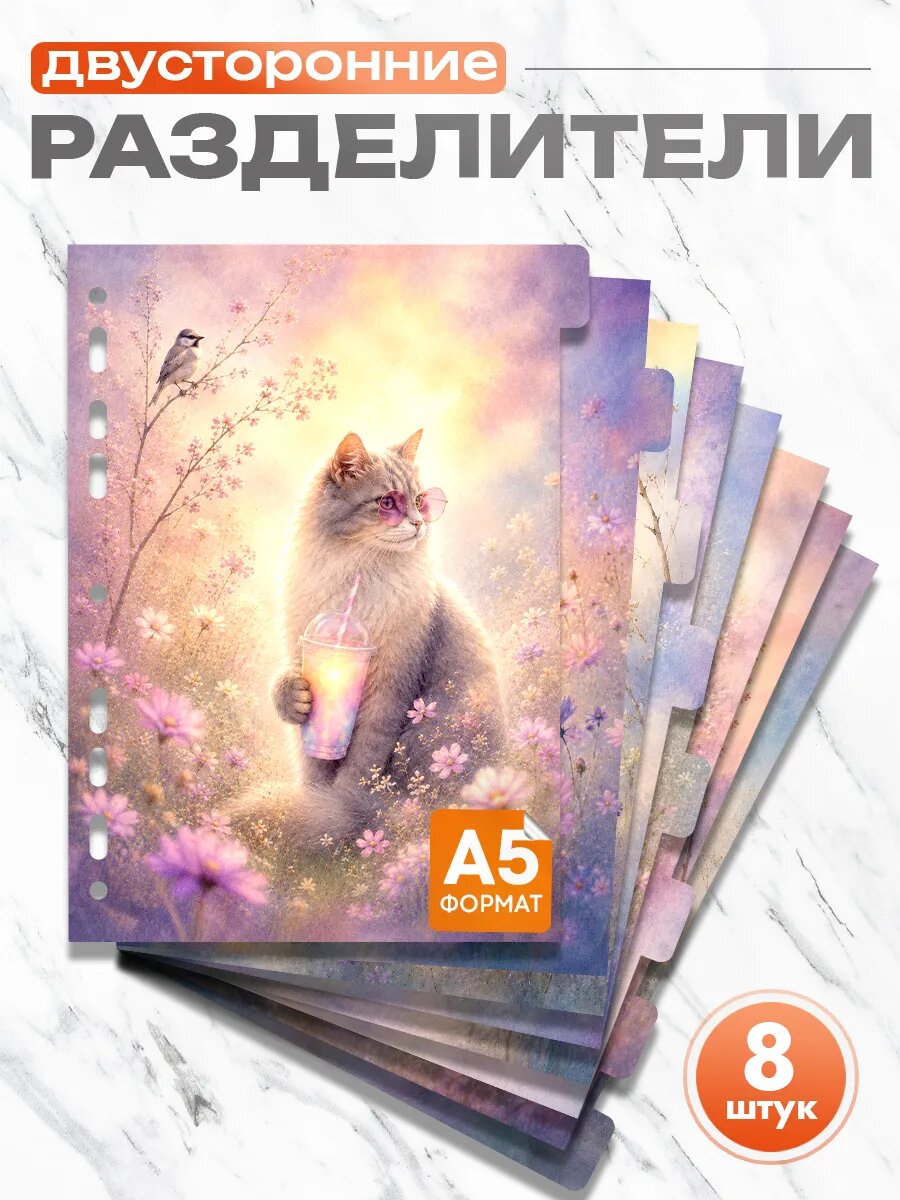 Разделители для тетради на кольцах а5 Котики, набор 8 шт, универсальная перфорация