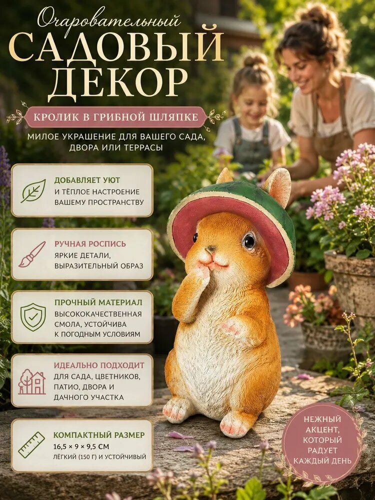 Фигурка садовая "Кролик с грибной головой", зеленый, светло-серый и черный — фото 1