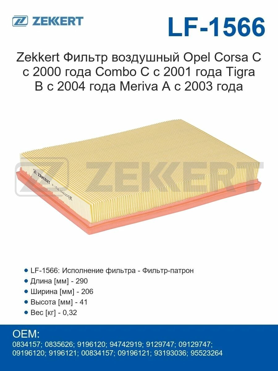 Zekkert Фильтр воздушный Opel Corsa C с 2000 года Combo C с 2001 года Tigra B с 2004 года Meriva A с 2003 года