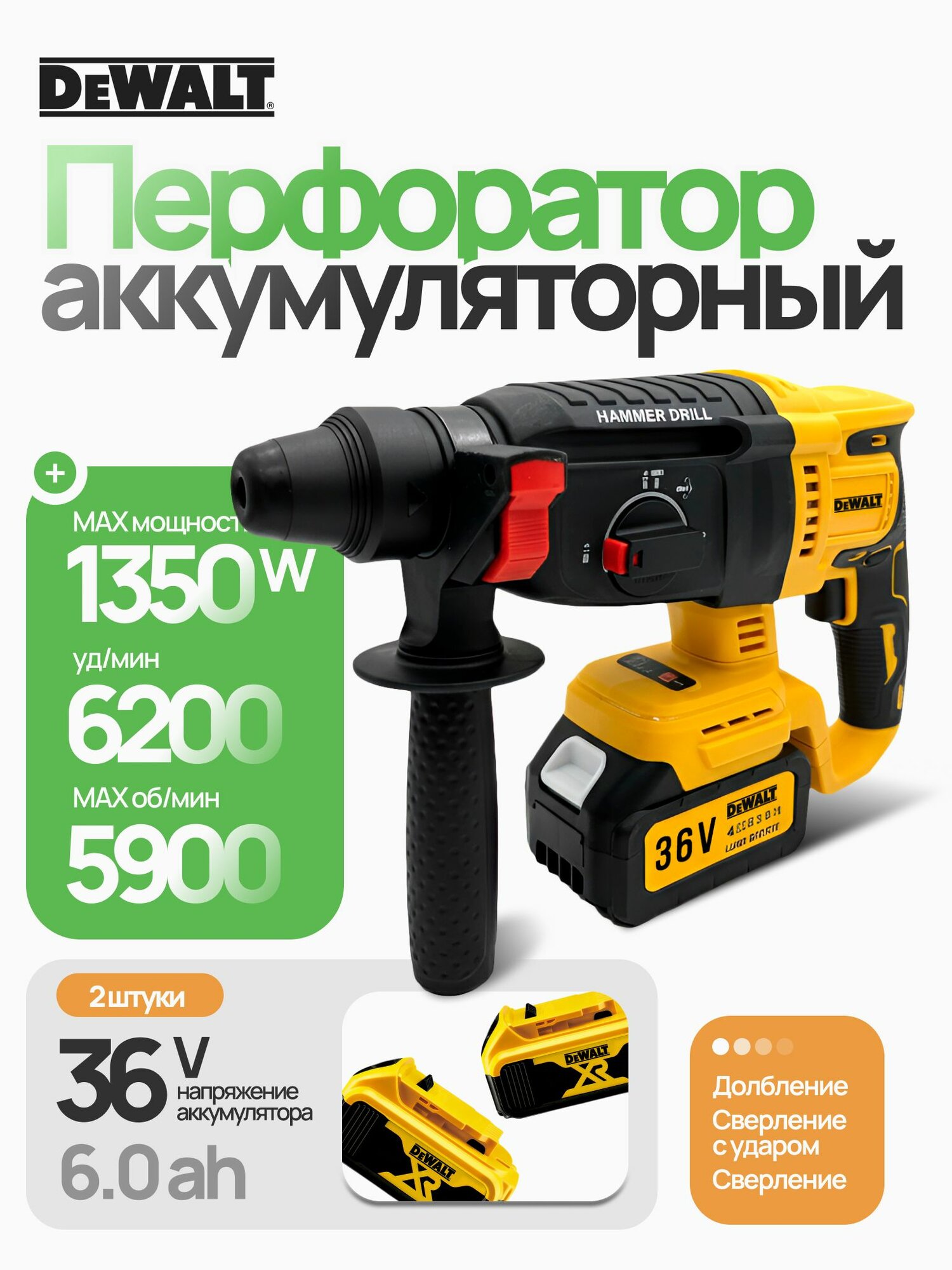 Перфоратор аккумуляторный бесщеточный DeWALT 36V