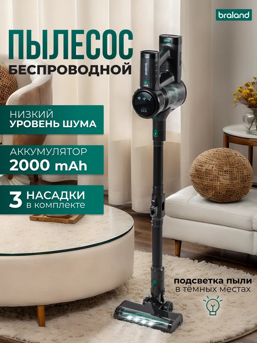 Вертикальный беспроводной пылесос Braland V8, для дома, авто, 250Вт, щетка с подсветкой, уровень шума 40 дБ