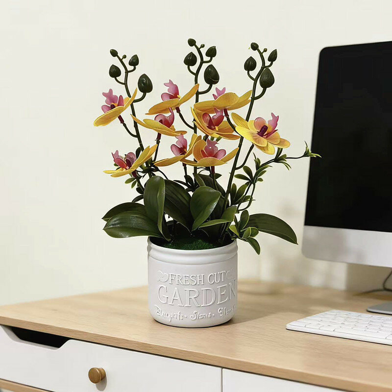 Silk butterfly orchid potted arrangement with plastic material for restaurant and hotel table decor style i