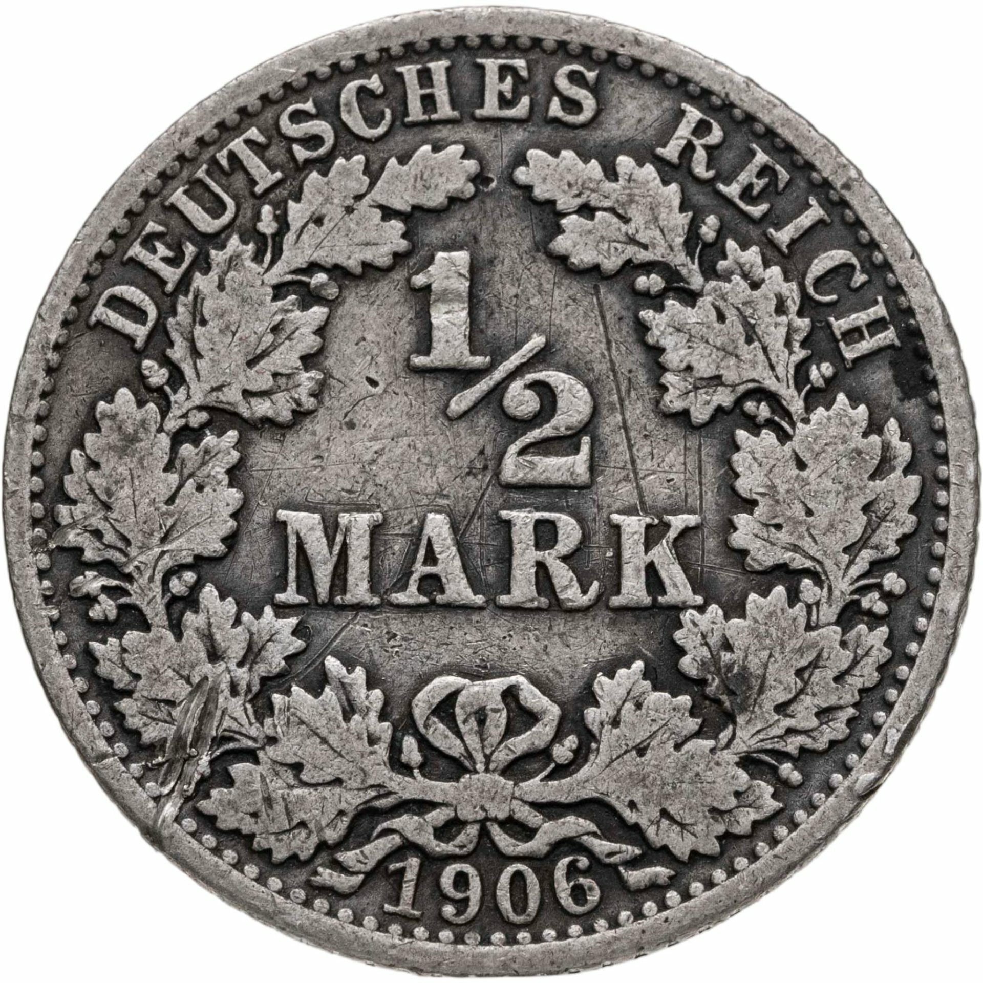 Германия 1/2 марки mark 1906 A знак монетного двора: "A" - Берлин, Серебро 900, в сохранности VF