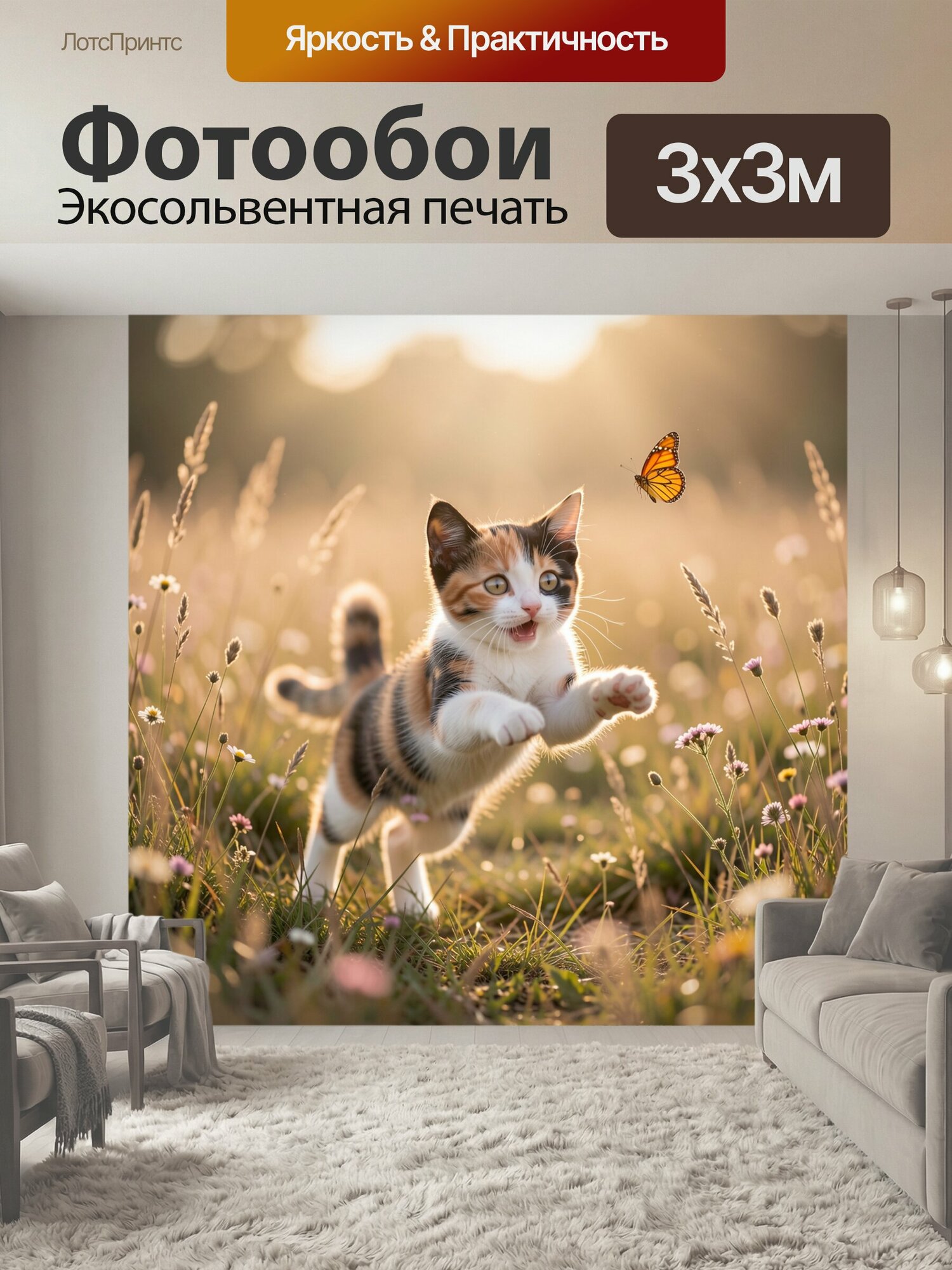 Фотообои "Котенок с бабочкой в поле. Трогательный маленький питомец среди луговых трав и нежных цветов, тянется к оранжевой бабочке. Теплый." 300x300 см. экосольвентная печать