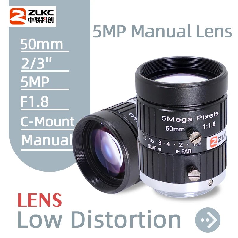 Промышленный объектив ZLKC FA C-Mount 2/3 50 мм с фиксированным фокусным расстоянием, низким уровнем искажений, 5 МП, F1.8, 5 мегапикселей, с ручной диафрагмой, для систем машинного зрения