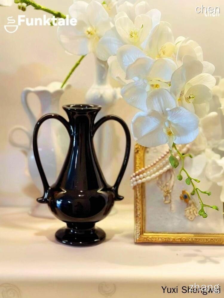 Ваза, Yuxi Shengwei, черная, с двумя ручками, керамическая, 24 см, 1 шт, для дома, декоративная