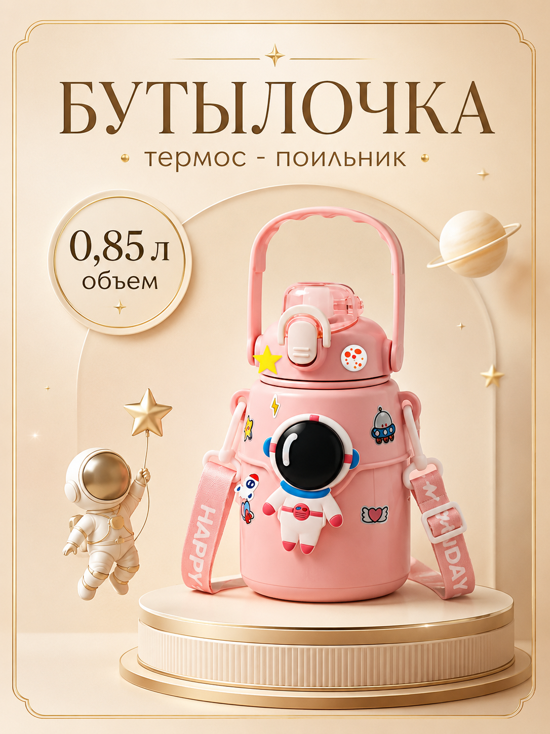 Термос детский с ремешком Космос, Термобутылка для горячих напитков с ручкой, Непроливайка с кнопкой, 850мл, Розовый