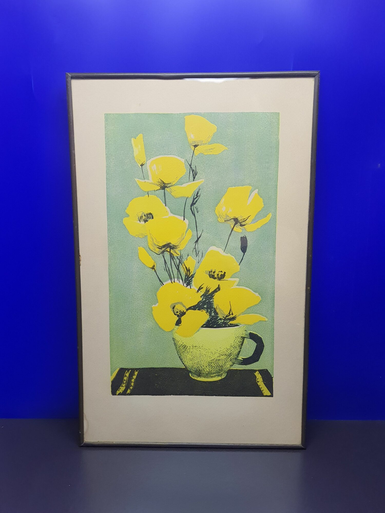 Цветная линогравюра "Желтые маки", винтаж СССР, 1969 г.