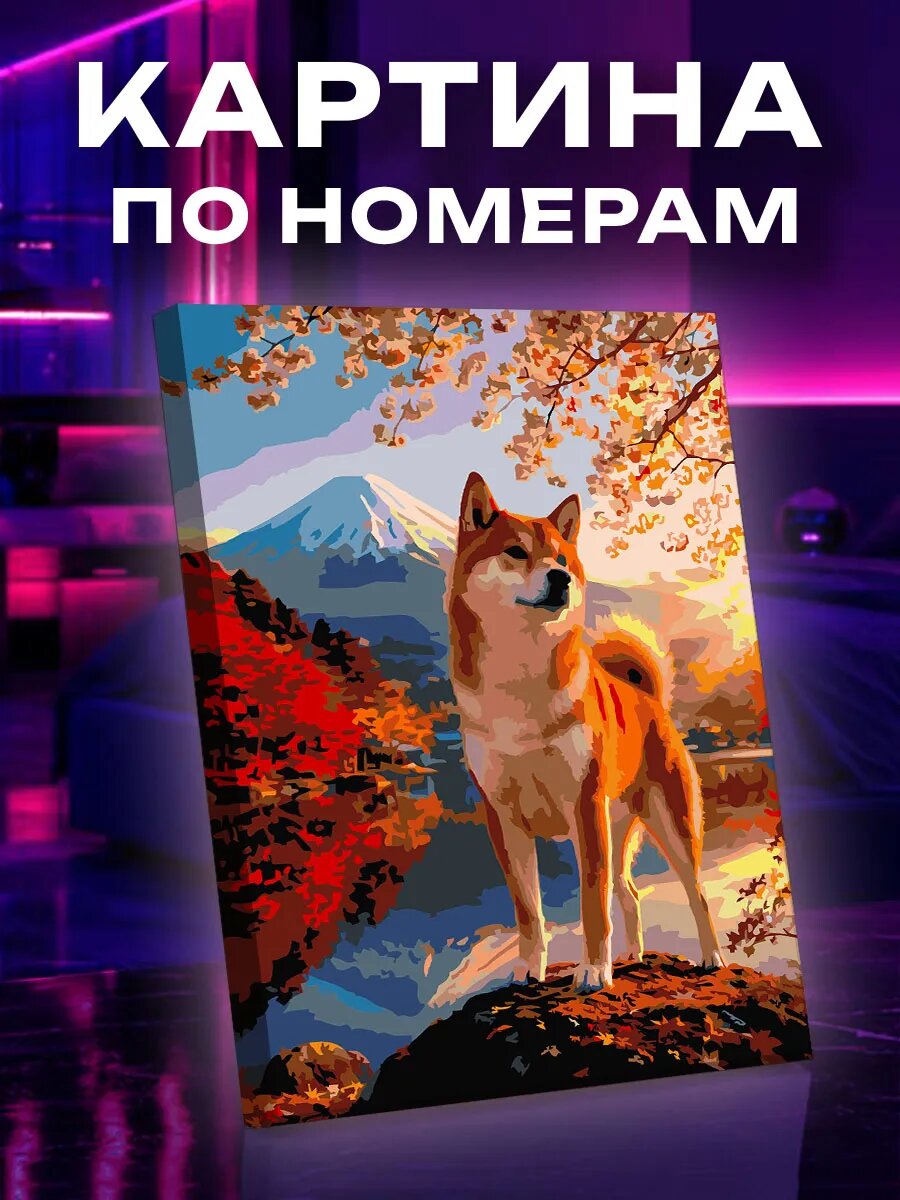 Картина по номерам Сиба-ину на фоне горы Фудзияма и сакуры