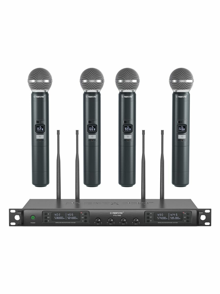 Phenyx Pro Микрофон универсальный 4-канальная беспроводная микрофонная система с UHF частотами, автоматическим сканированием, дальностью действия до 100м 4ручными динамическими микрофонами для вокала, церкви, караоке Phenyx Pro PTU-7000, черный