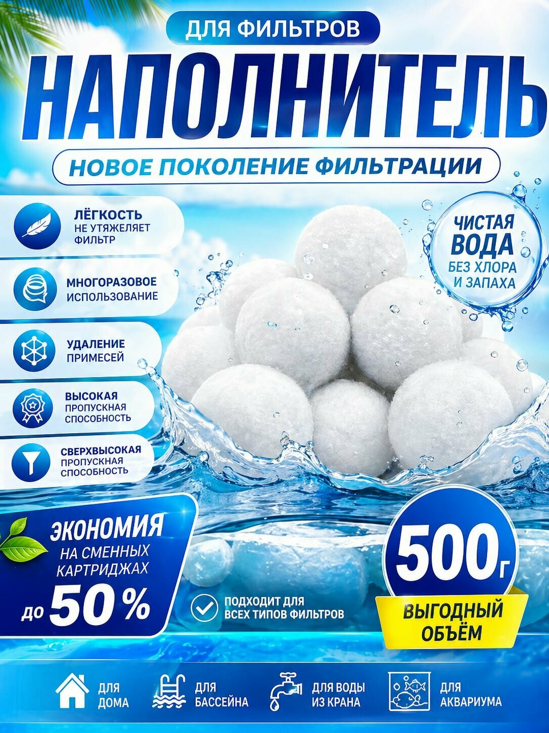 Наполнитель для фильтра бассейна, Картридж и Фильтрующие Шарики (Сменные Элементы Очистки Воды ), эквивалент 18кг песка