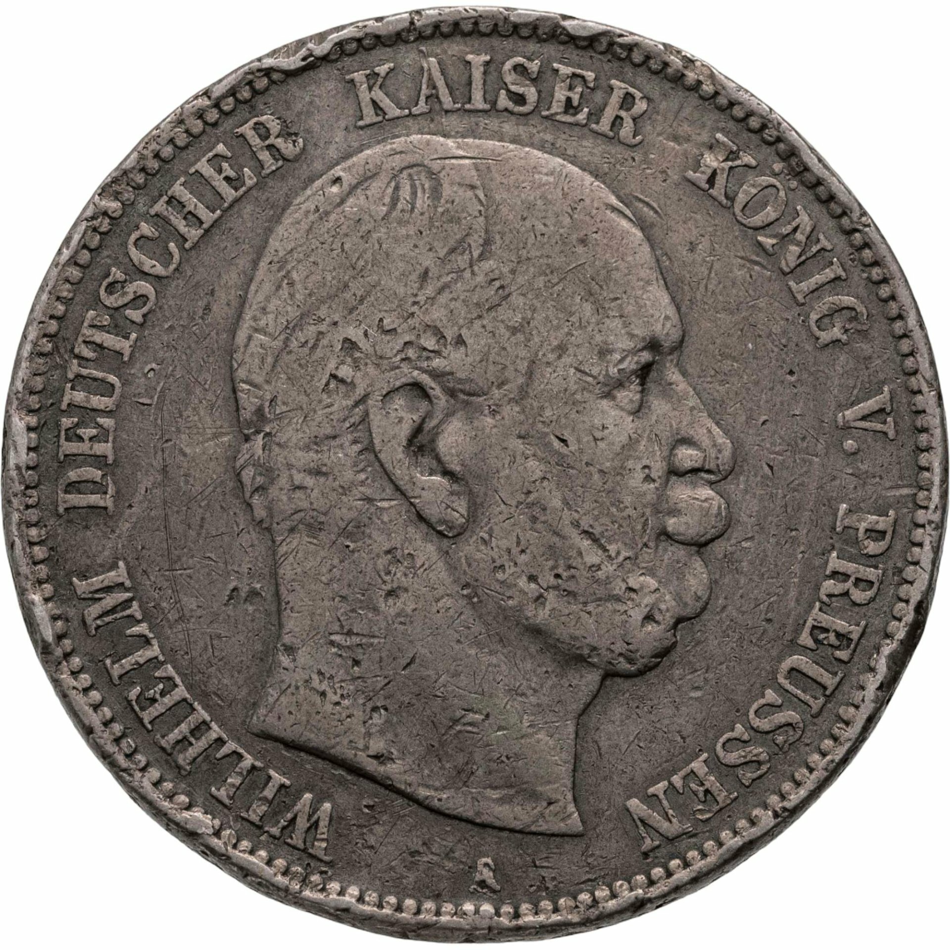 Германия Империя 5 марок mark 1876 A знак монетного двора: "A" - Берлин, Серебро 900, в сохранности F