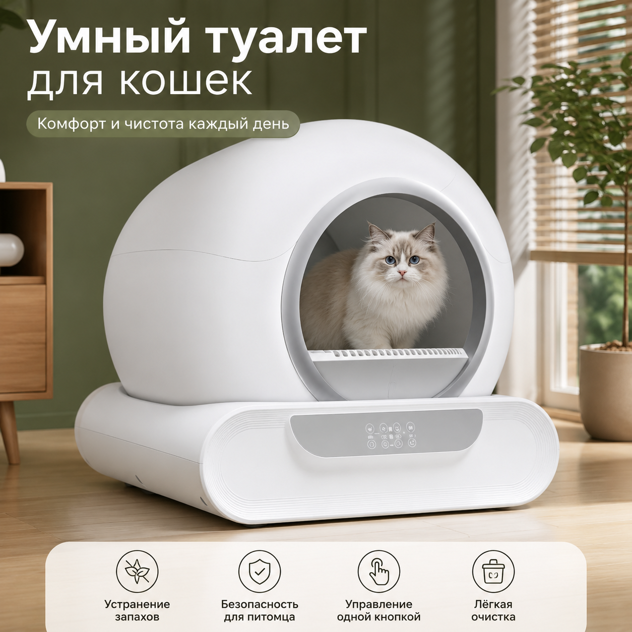 Автоматический самоочищающийся туалет для кошек с сенсорным управлением и комплектующими