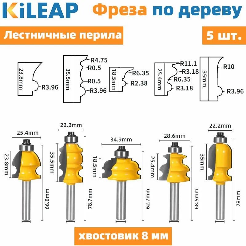 Набор фрез по дереву 5 шт, хвостовик 8 мм. Фрезы кромочные фигурные (No.1-5)