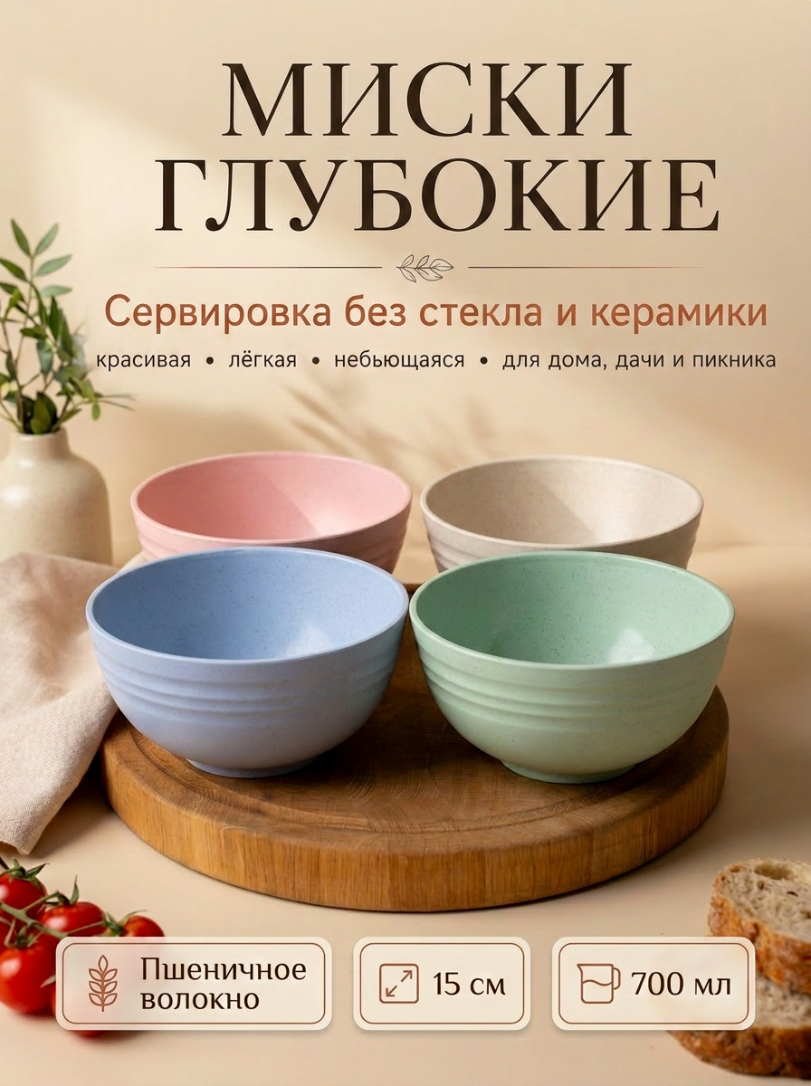 Тарелки набор глубокие суповые миски из пшеничной соломы 15 см. для дома, дачи или пикника 4 шт.