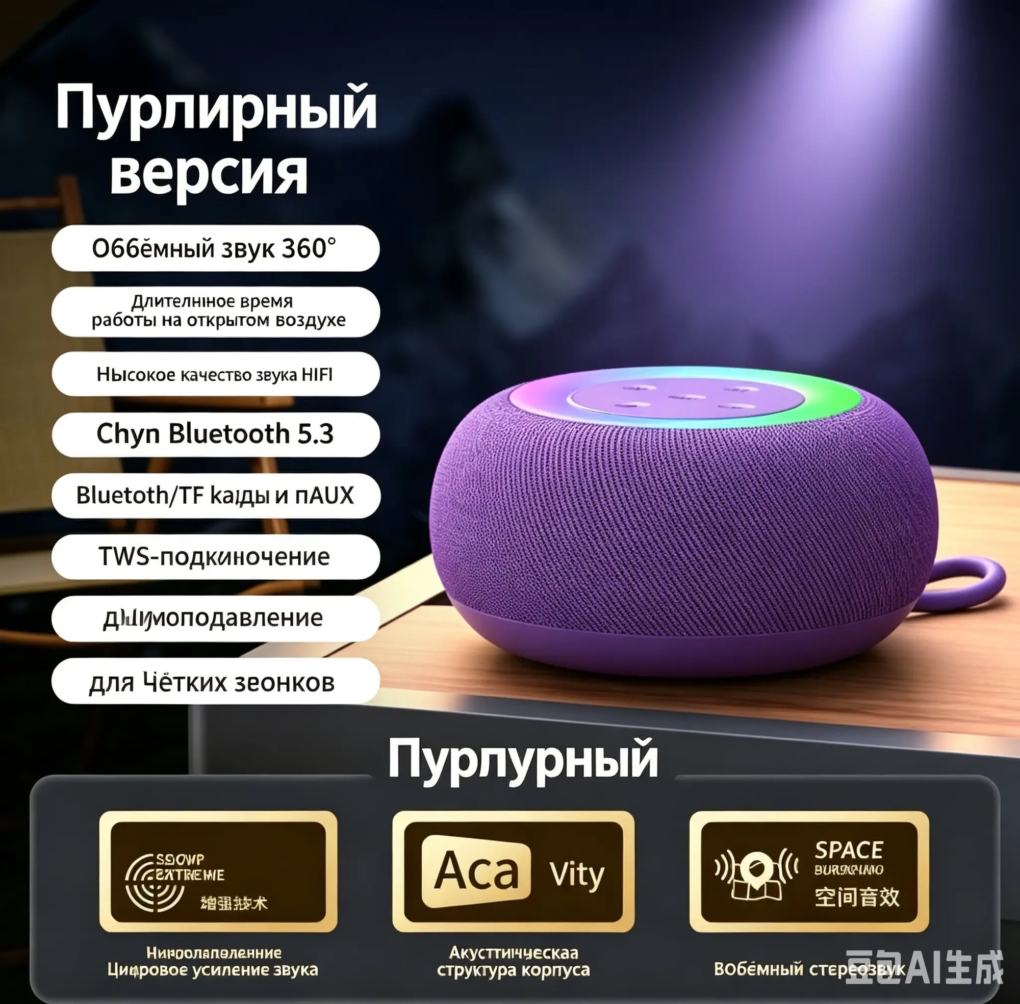 Пурпурная беспроводная колонка Premium — мощный звук 360°, защита от воды и пыли, до 12 часов работы