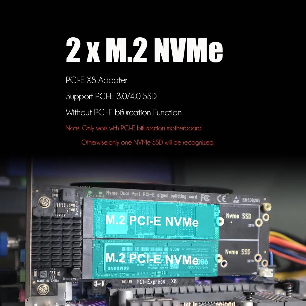 PCIE Адаптер GLOTRENDS PA21 Адаптер M.2 NVMe с 2 слотами, пропускная способность PCIe 4.0 / 3.0 X8