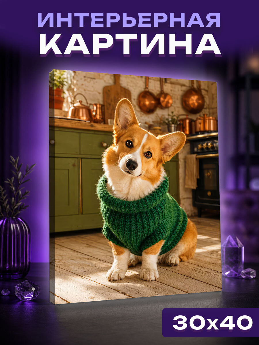 Интерьерная картина Корги в уютном свитере на фоне кухни