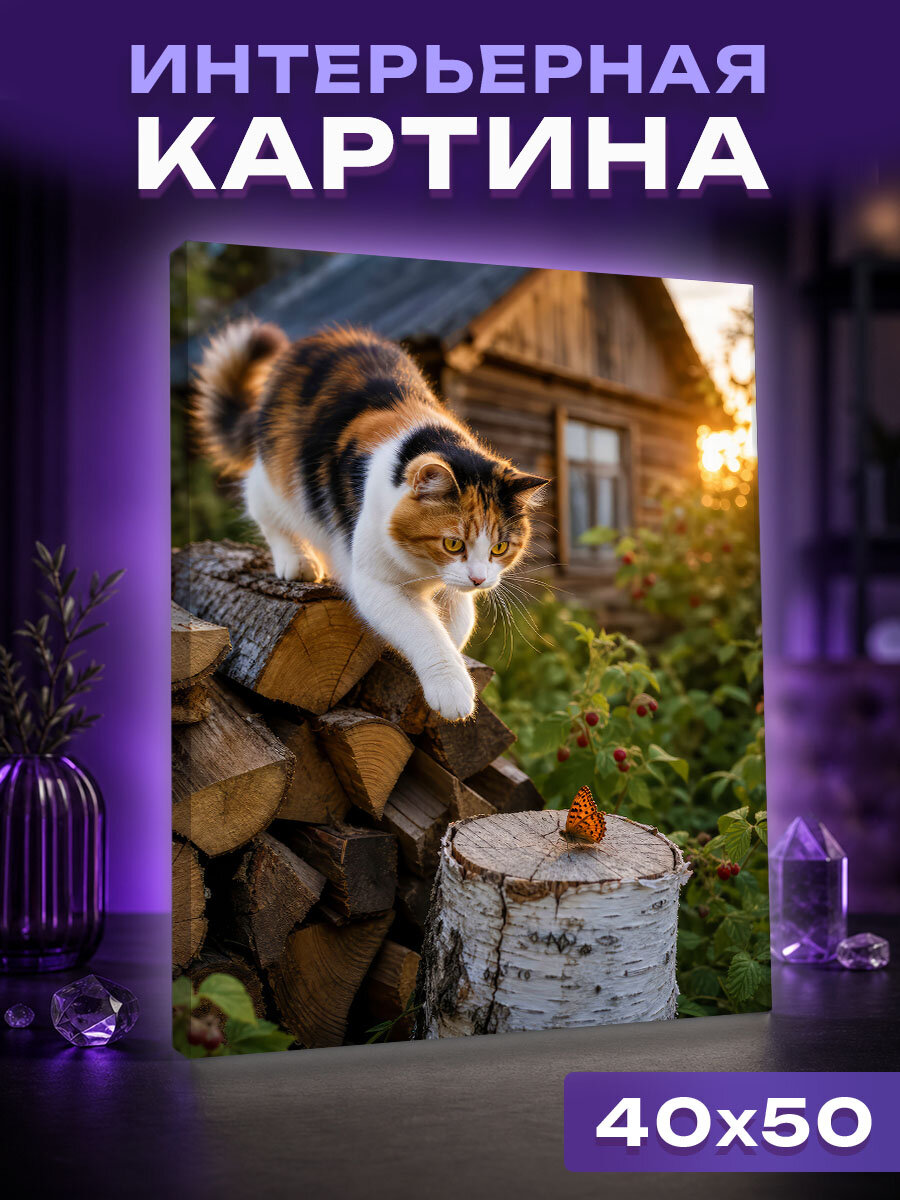 Интерьерная картина Кот и бабочка на поленнице