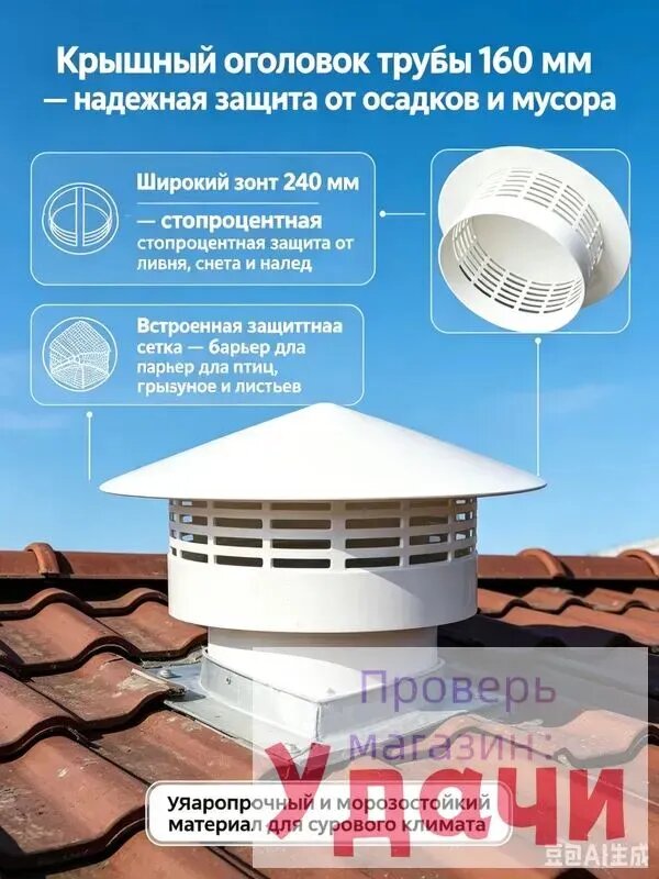 Вентиляционный грибок 160 мм, колпак на вытяжную трубу и дымоход, плита труба защитная крышка для вентиляции из ПВХ, зонт кровельный фасадный