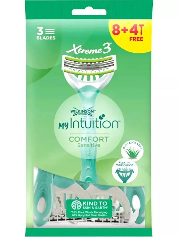 Wilkinson Sword Бритвы одноразовые Schick XTREME 3 Comfort Sensitive MyIntuition (12 станков), женские, 3 лезвия, увл. полоска, плав. головка, прорезиненная ручка