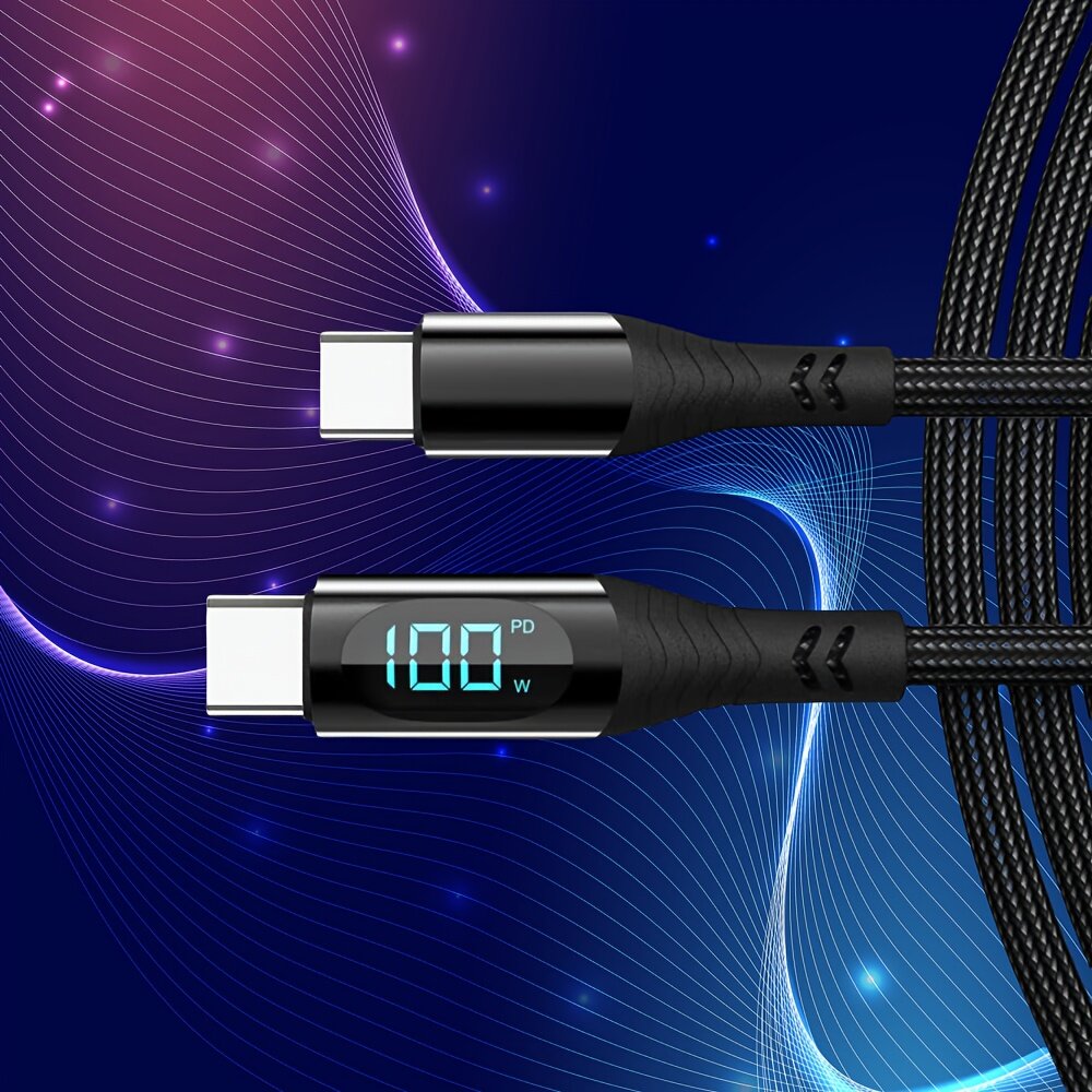 Кабель Type-C to Type-C 100W с цифровым дисплеем, поддержка PD и OTG, длина 1.2 м (3.9 фута), черный
