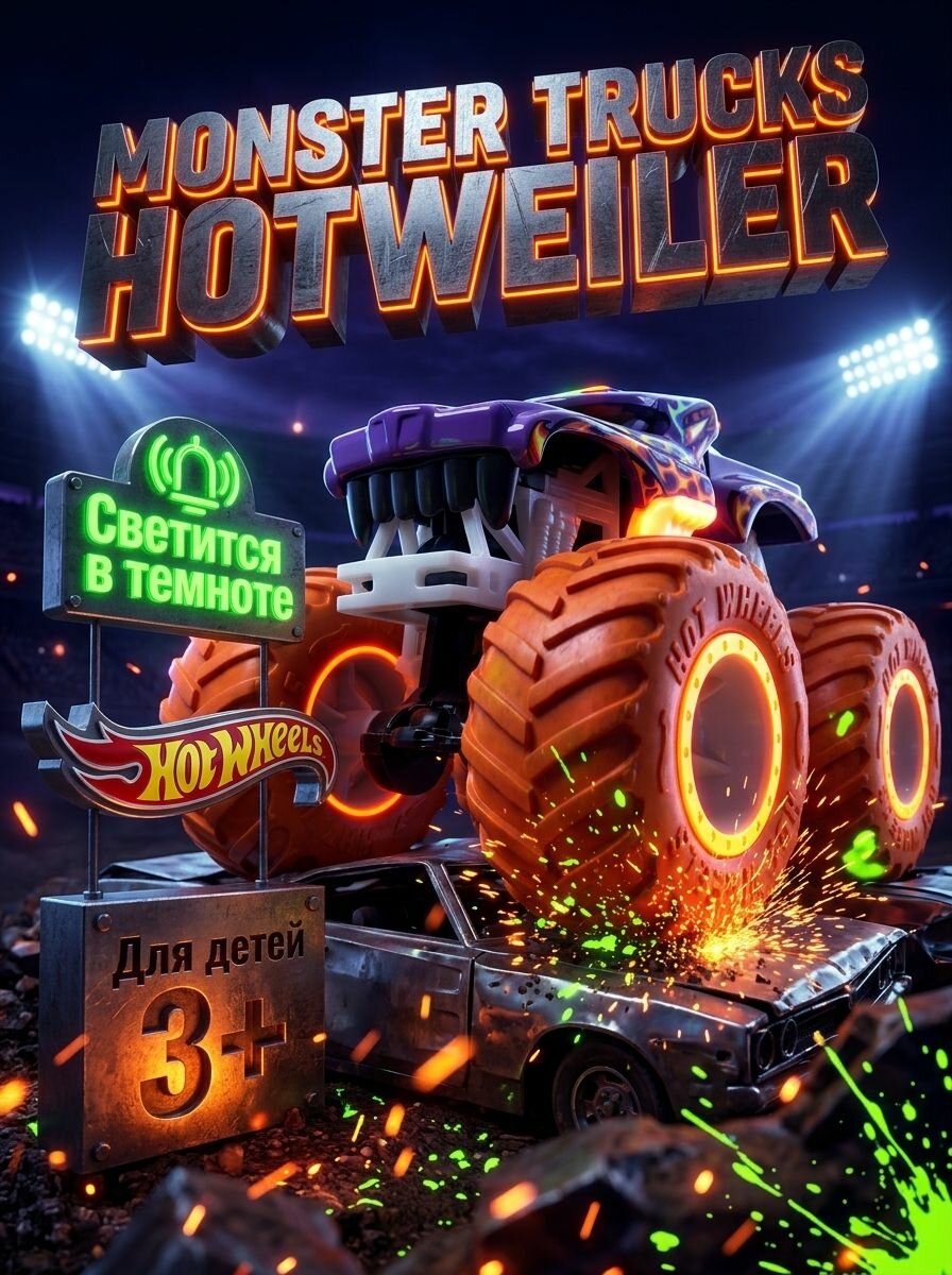 Машинка Hot Wheels Monster Trucks Hotweiler, светящийся в темноте, 1:64, JFX19