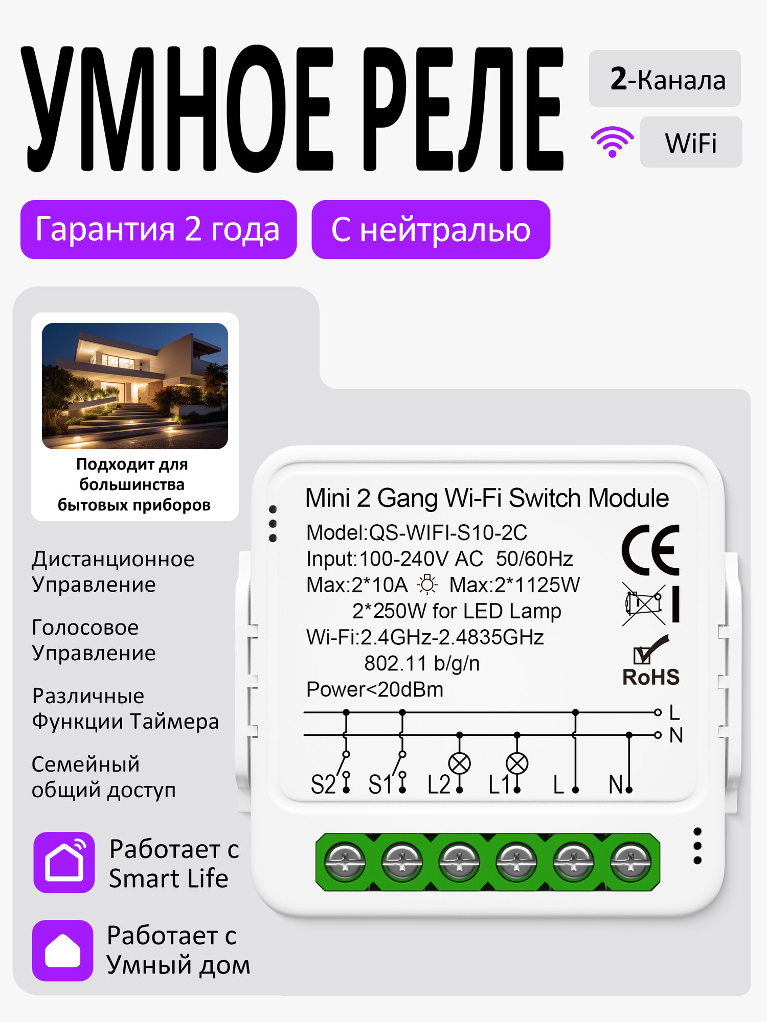 Умное реле с WiFi двухканальное с нейтралью, Mini smart switch, Работает с Алисой, Марусей, Салют умный выключатель двухканальное реле для умного дома с голосовым управлением