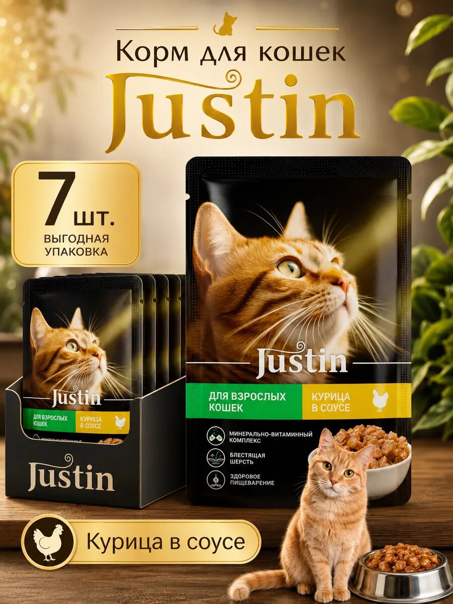 JUSTIN Корм для кошек влажный курица в соусе 7шт*75г