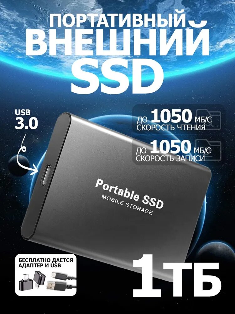 1 ТБ Внешний SSD-диск, USB 3.0, чтение - 1050 Мб/с, Металл, черный