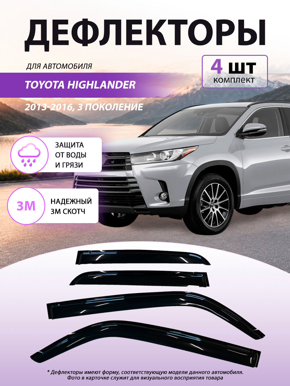 Дефлекторы боковых окон Toyota Highlander 2013-2016, 3-е поколение, ветровики для автомобиля