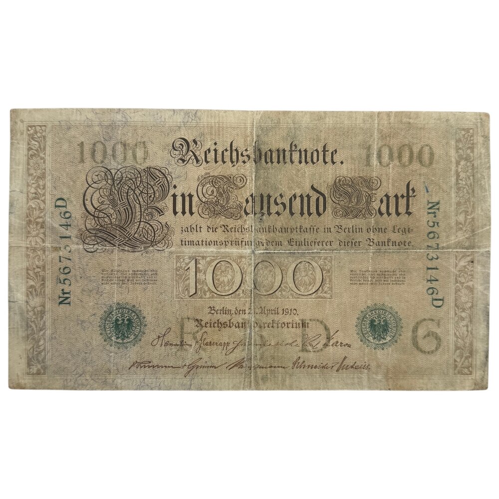 Германская империя 1000 марок 1910 г. (Зелёные печати) (Литера G)(Серия D)(7-значный номер) (Лот №3)