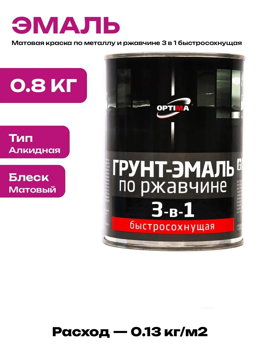 Грунт эмаль 3 в 1 для металла черная матовая алкидная 0.8кг