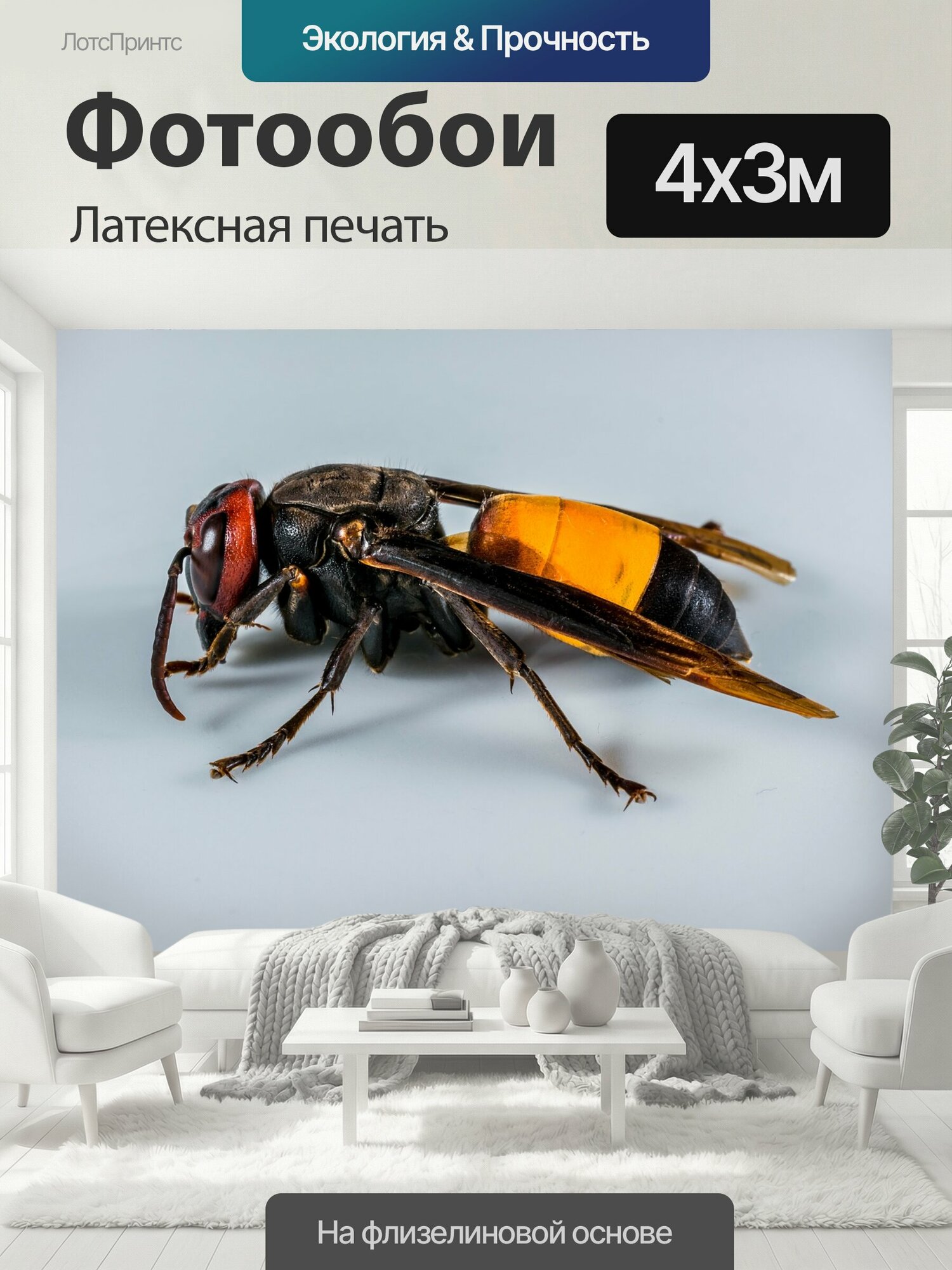 Фотообои моющиеся ударопрочные "Шершень, оса, насекомое" 400x300 см. латексная печать