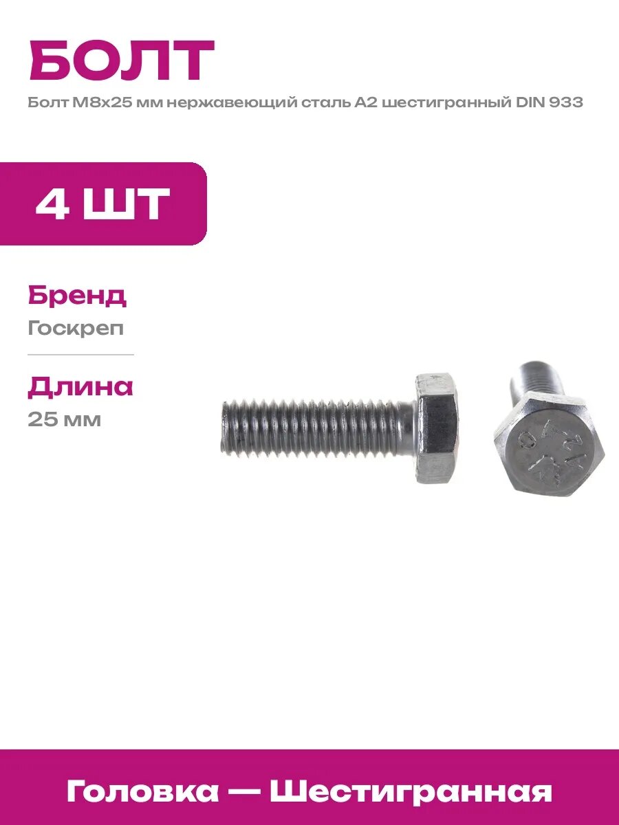 Болт шестигранный DIN 933 М8х25 мм шаг резьбы нержавейка
