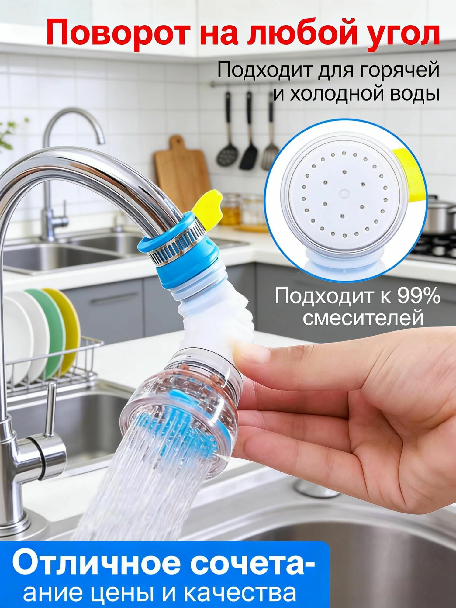 Насадка на кран с фильтром, поворотная, водосберегающая, универсальная для 99% кранов, для кухни и ванной