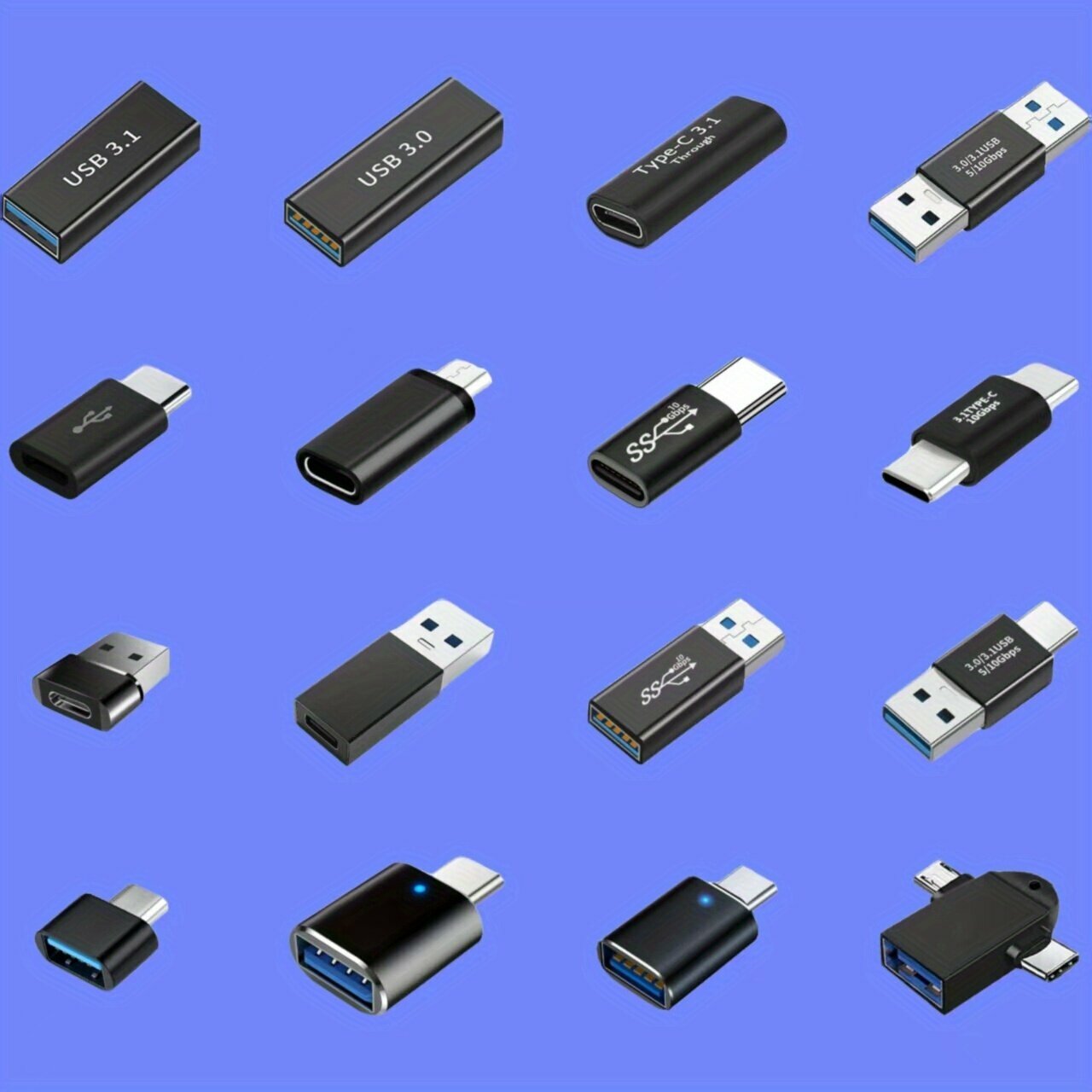 Набор переходников USB-C 16 шт, USB-C Male to Female, USB-A to USB-C, OTG to USB-C, адаптер питания USB Type-C для смартфонов, планшетов, устройств, совместим с разъемами Micro USB