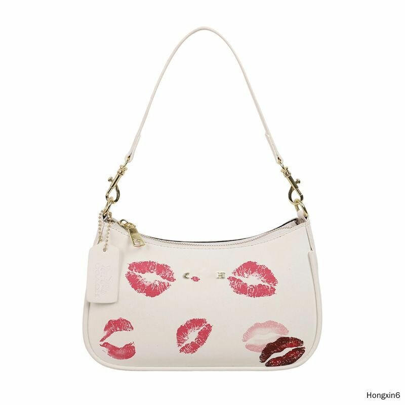 Сумка COACH белая с красными поцелуями, полумесяц, на плечо, для женщин, женская