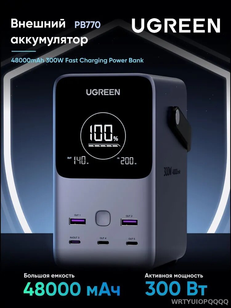 Эксклюзивный пауэрбанк UGREEN PB770 48000 мАч с быстрой зарядкой 300 Вт, серый