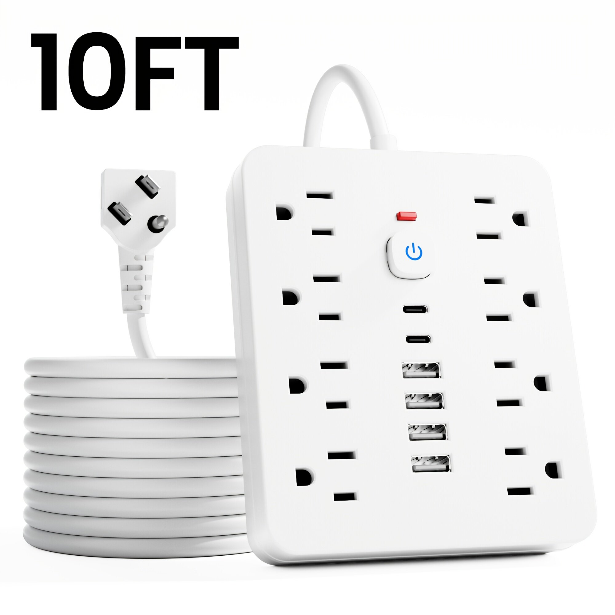 Удлинитель с защитой от перенапряжения, 8 розеток, 6 USB (2 USB-C), ультратонкий, длина кабеля 10 футов, белый, для офиса и дома