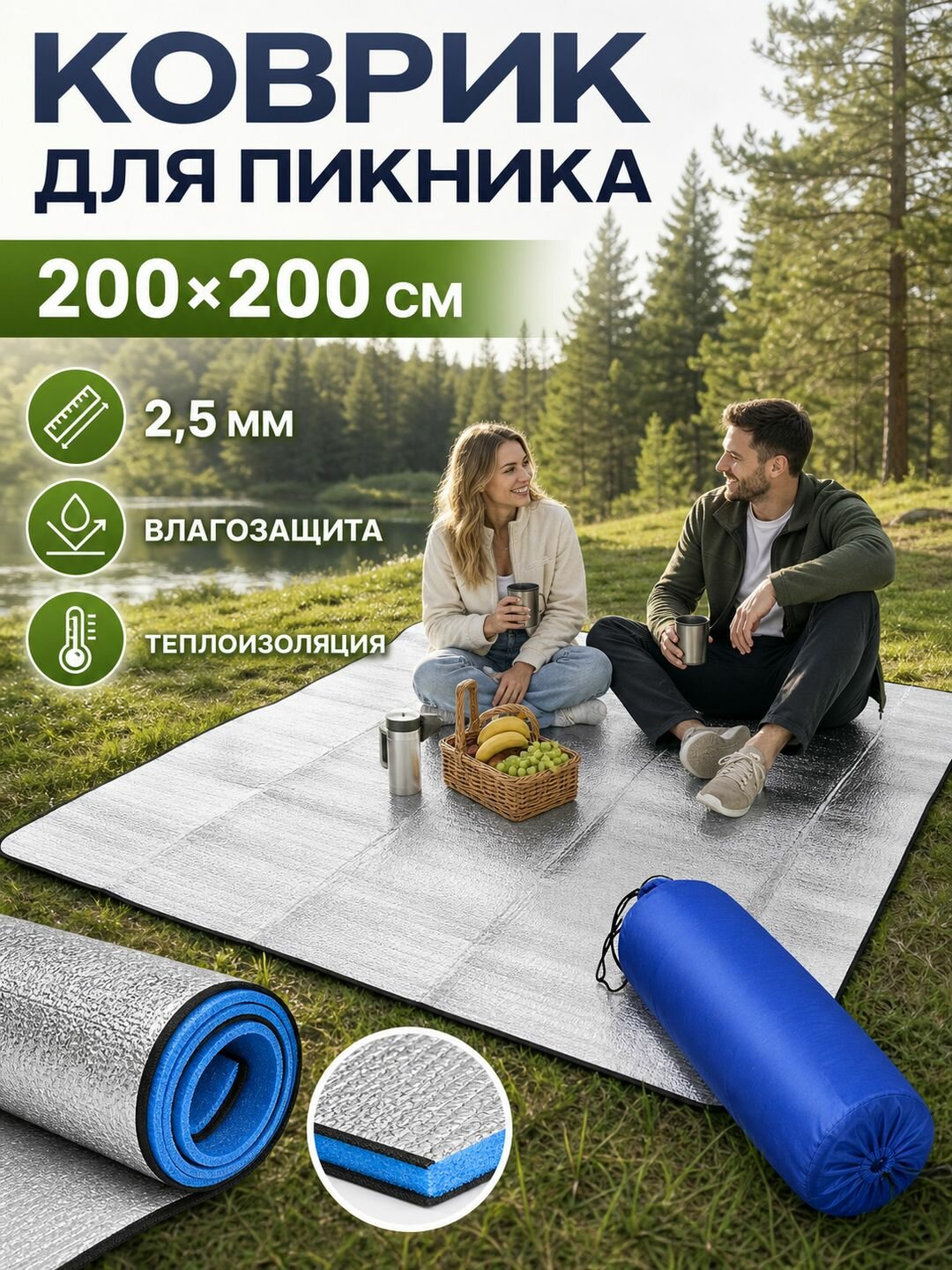 Коврик туристический фольгированный 200х200 см, складной влагозащитный коврик для пикника