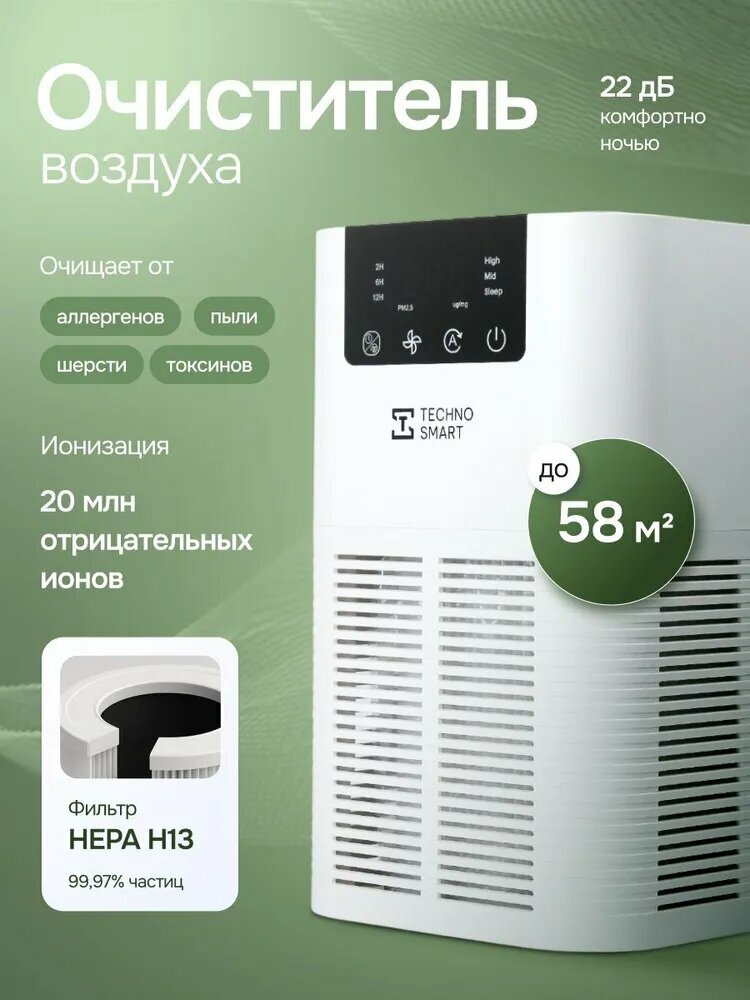 Очиститель воздуха TechnoSmart для дома с ионизацией, воздухоочиститель от аллергенов и шерсти