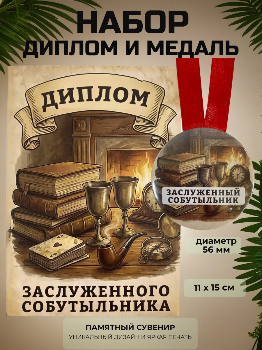 Шуточный диплом открытка "Заслуженного собутыльника" и сувенирная медаль с атласной лентой, набор