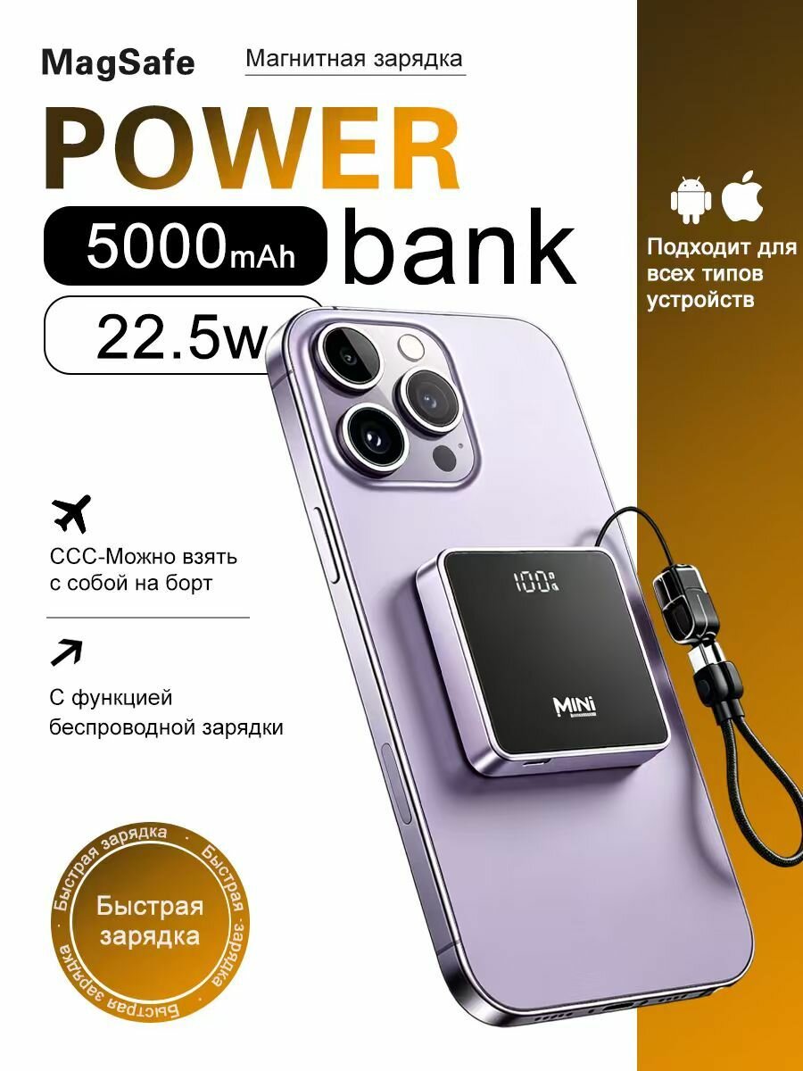 YMeiB Внешний аккумулятор повербанк powerbank Magsafe Компактный и портативный ультратонкий мини-магнитный блок питания, 4800 мАч, 22 Вт, сиреневый