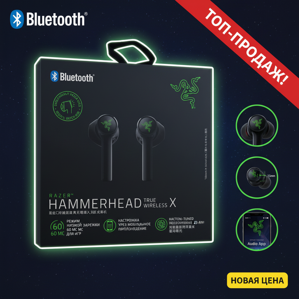 Razer Hammerhead True Wireless Mercury White TWS Bluetooth наушники с адаптивным ANC
