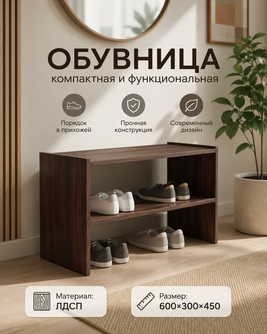Обувница открытая напольная с полками в прихожую 60x30x45