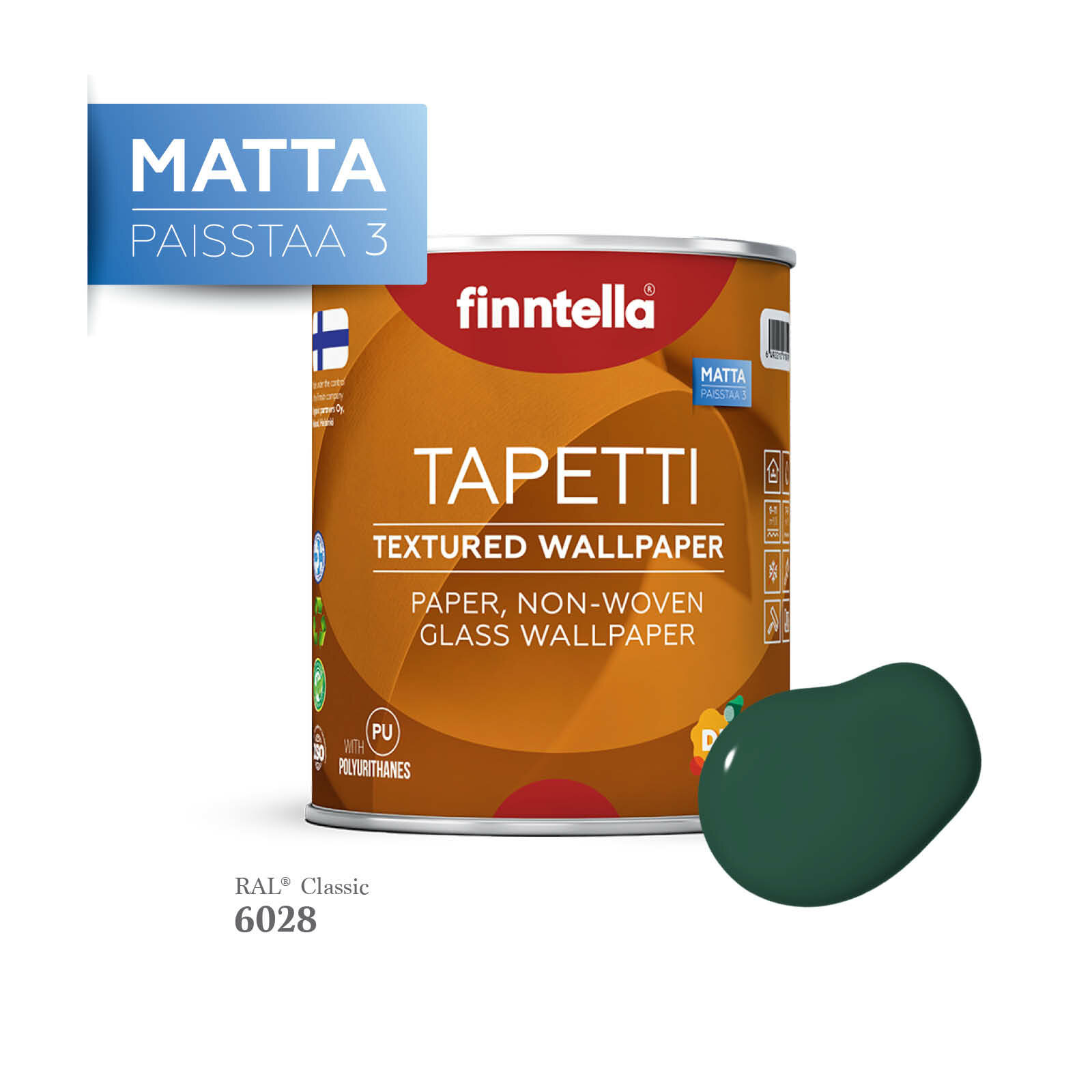 Матовая краска для обоев под окраску TAPETTI Matta FINNTELLA, Цвет RAL 6028 Сосновый зеленый (Pine green), 0,9л