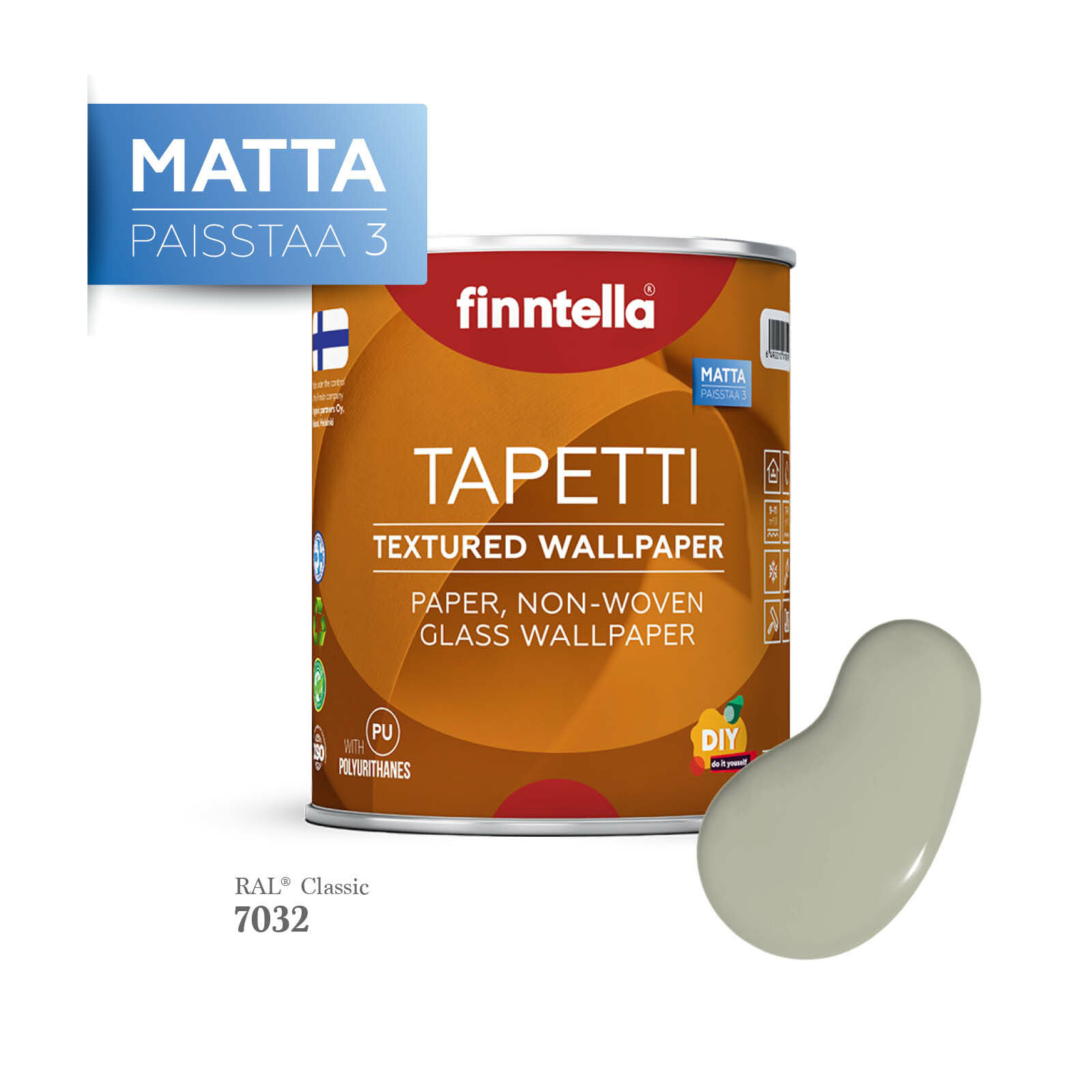 Матовая краска для обоев под окраску TAPETTI Matta FINNTELLA, Цвет RAL 7032 Галечный серый (Pebble grey), 0,9л