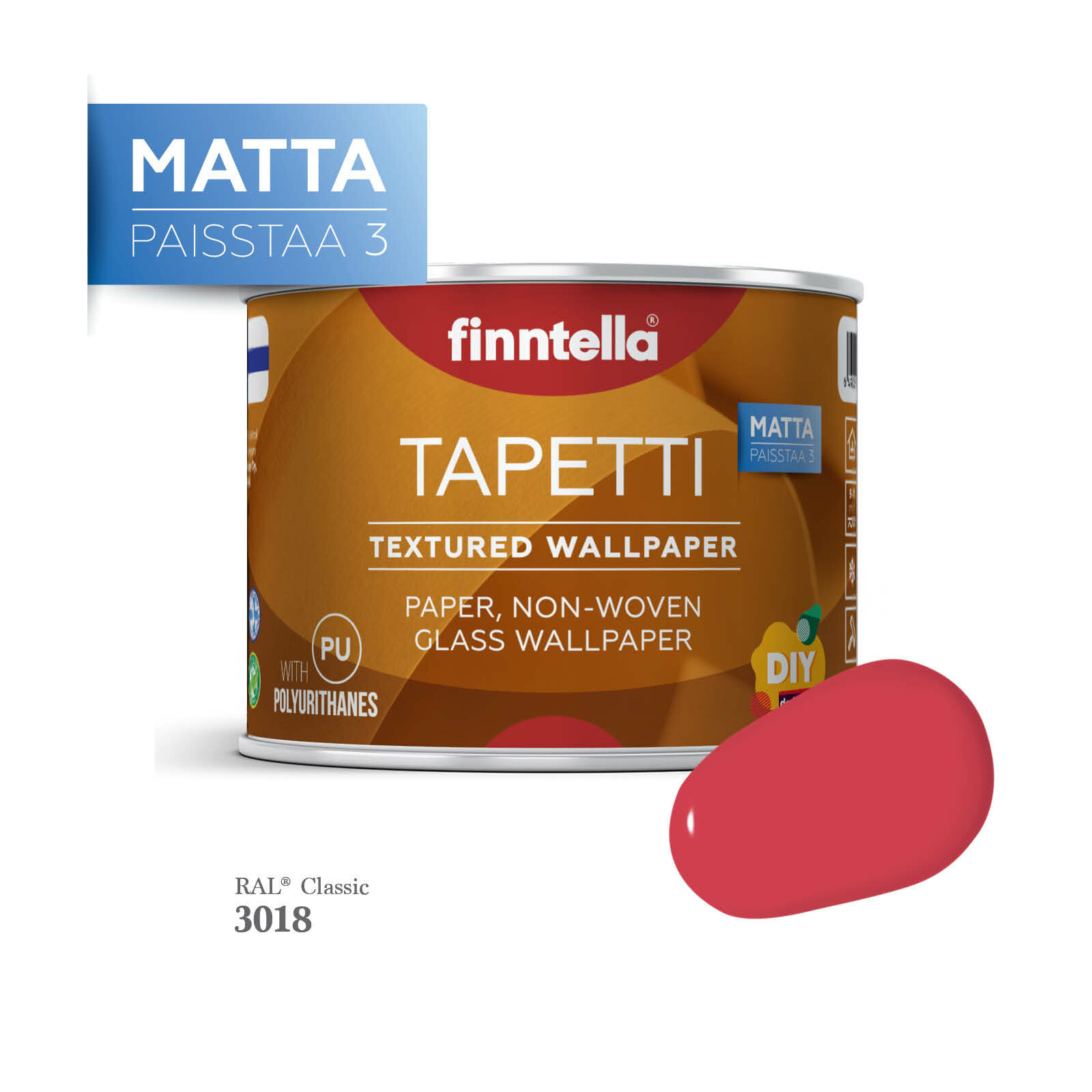 Матовая краска для обоев под окраску TAPETTI Matta FINNTELLA, Цвет RAL 3018 Клубнично-красный (Strawberry red), 0,45л