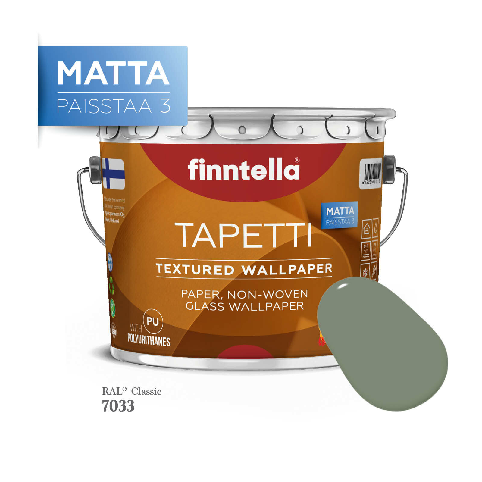 Матовая краска для обоев под окраску TAPETTI Matta FINNTELLA, Цвет RAL 7033 Цементно-серый (Cement grey), 2,7л